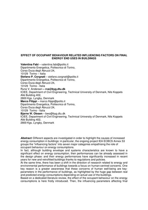 Pdf Effect Of Occupant Behaviour Related Influencing Factors On Final Energy End Uses In Buildings