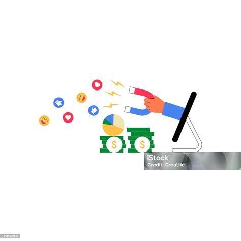 소셜 미디어 아이콘과 돈 기호를 끌어들이는 손 들고 있는 자석 디지털 마케팅 참여 및 청중 성장을 상징하는 평면 벡터 일러스트레이션 흰색 배경에 고립되어 있습니다 0명에