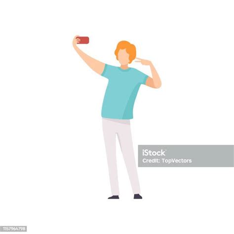 스마트 폰에서 셀카 사진을 찍는 젊은 남자 승리 기호를 보여주는 남자와 현대 가제트 벡터 일러스트를 사용하여 소셜 미디어에 대한