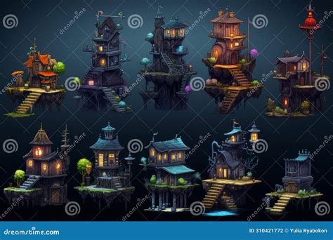Vibrant Set Of Platforms In Pixel Art Old Arcade Game Stock