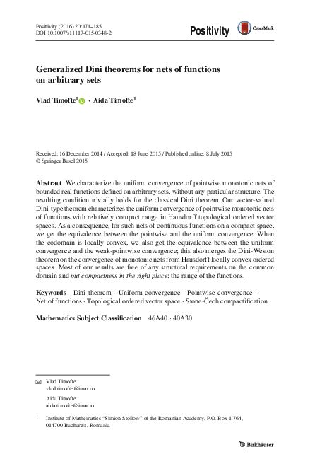 Pdf Generalized Dini Theorems For Nets Of Functions On Arbitrary Sets