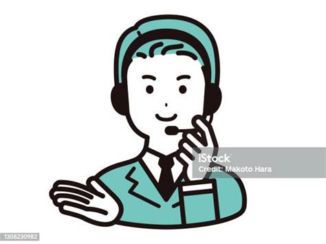 컴퓨터로 향하는 콜 센터의 남성 운영자 손바닥으로 안내해 주세요 고객 서비스 담당자에 대한 스톡 벡터 아트 및 기타 이미지 고객 서비스 담당자 귀여운 남성 Istock