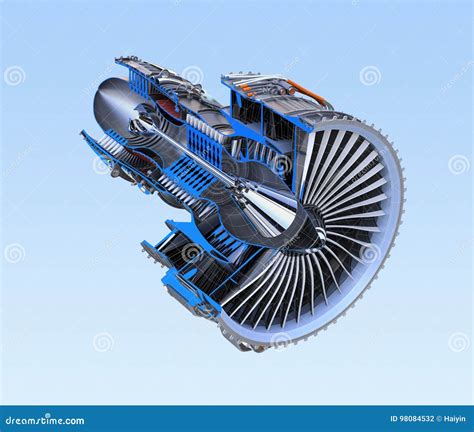 Turbofan Jet Engine`s Cross Section Wireframe Isolated On Blue
