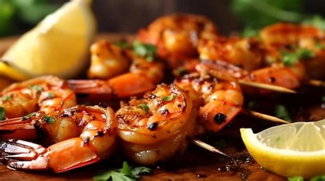 Premium Ai Image Skewers Grilled Shrimp Grilled Seafood On Skewers