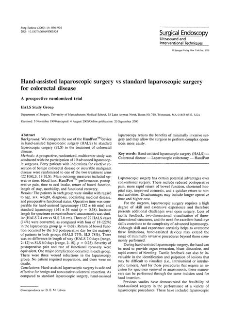 Pdf Hand Assisted Laparoscopic Surgery Vs Standard Laparoscopic
