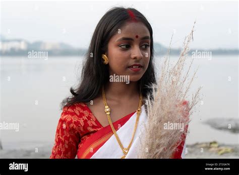 Assam India On 19 October 2023 Young Girls Wearing Traditional