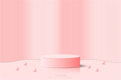 분홍색 3d 실린더 연단 받침대는 물결 모양의 벽 배경과 구체 공으로 사실적입니다 쇼케이스를 위한 무대 3d 벡터 기하학적