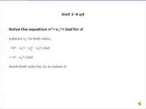 Solve The Equation V 2 Vo 2 2ad For D YouTube