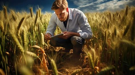 Premium Ai Image Checking The Yield Of Grain Crops A Man Conducts