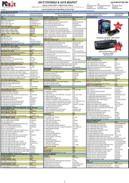 System Components Price List In Store ONLY