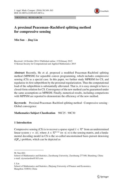 Pdf A Proximal Peacemanrachford Splitting Method For Compressive Sensing