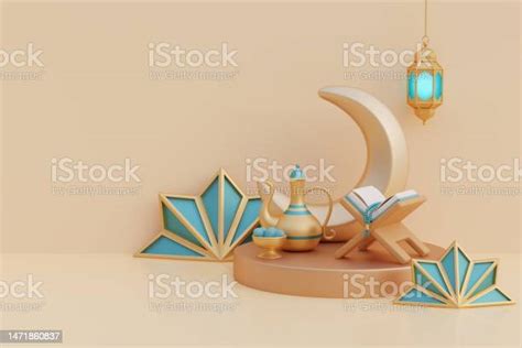 라마단 카림 또는 이드 알 아다 무바라크 황금 초승달 랜턴 커피 포트 말린 날짜 거룩한 꾸란 무슬림 이슬람 축제 3d 렌더링 0