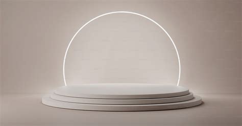 빛나는 밝은 선이 있는 베이지색 배경에 밝은 원형 연단의 3d 렌더링 둥근 받침대가 있는 추상적인 배경 제품을 보여주기 위한