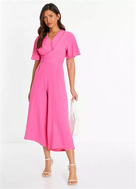 Quiz Hot Pink Wrap Bodice Cropped Jumpsuit Freemans