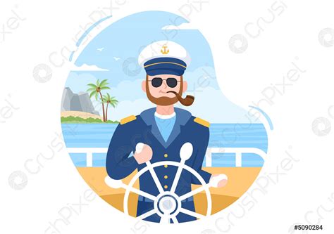 Man Cruise Ship Captain Cartoon Illustration In Sailor Uniform Riding
