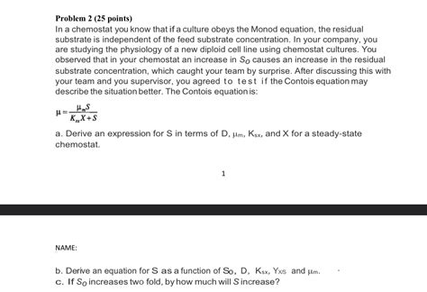 Solved Problem 2 25 Points In A Chemostat You Know That If