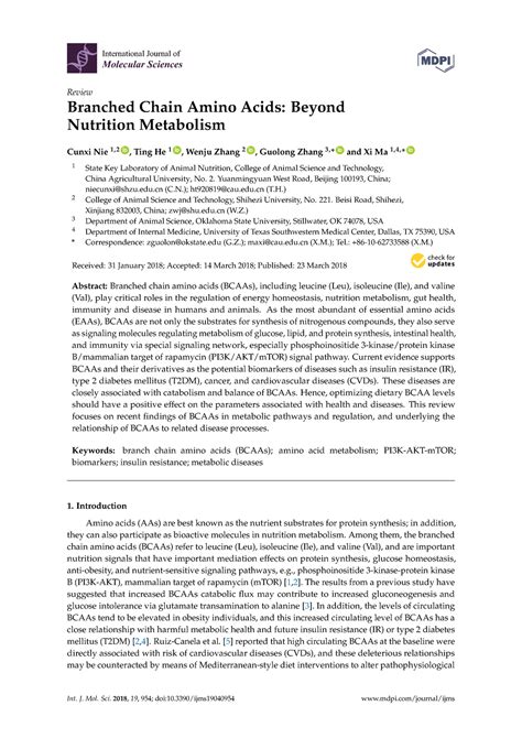 Ijms 19 00954 Branched Chain Amino Acids Beyond Nutrition Metabolism