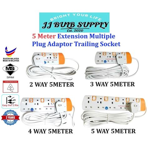 [sirim] 5m Extension Multiple Plug Adaptor Trailing Socket W Neon Universal Adapter Shopee