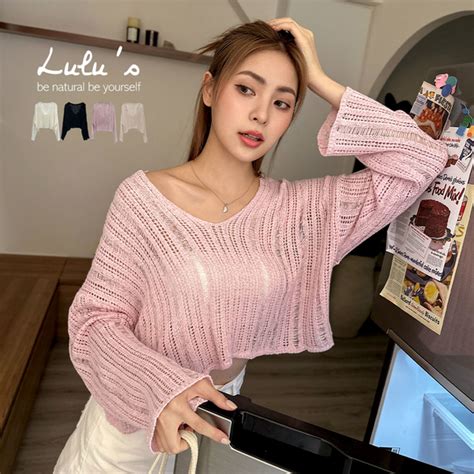 Lulus大v領簍空針織上衣4色【a01230487】 薄針織 Yahoo奇摩購物中心