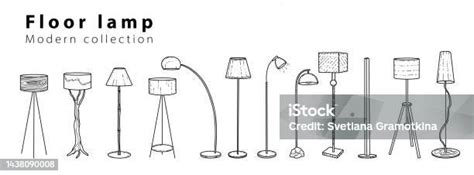 배너 거실용 낙서 스케치 램프 테이블 및 플로어 램프 다양한 크기와 유형 현대적이고 빈티지한 손으로 그렸습니다 벡터 그림입니다 가구에 대한 스톡 벡터 아트 및 기타 이미지