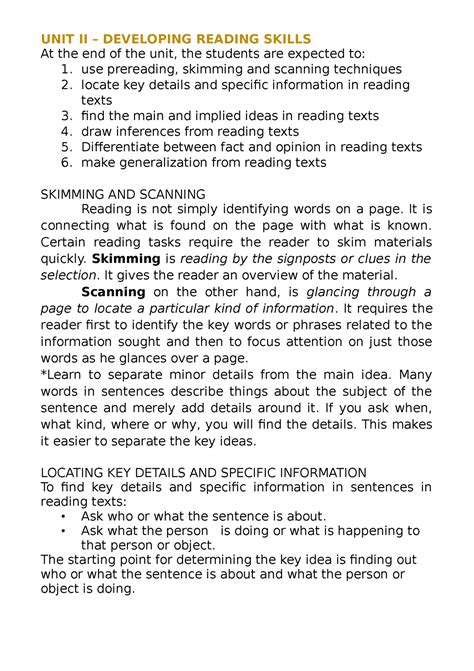 Print English 101 Class Notes UNIT II DEVELOPING READING SKILLS