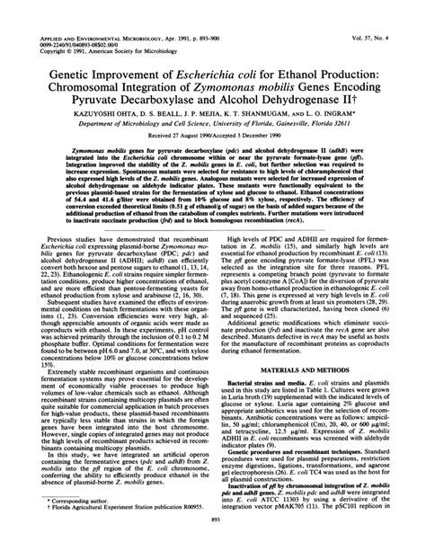 Pdf Genetic Improvement Of Escherichia Coli For Ethanol Production