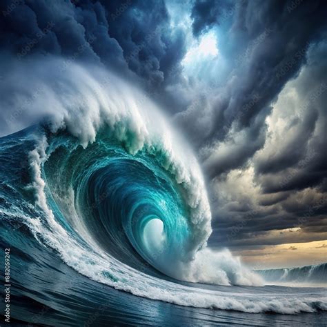 Giant Tsunami Waves Dark Stormy Sky Perfect Storm Huge Waves Tsunami