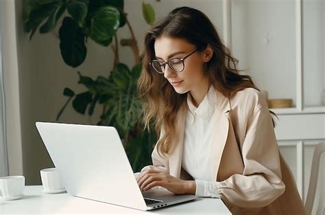 Premium Photo Beautiful Girl Works At The Laptop Remote Work