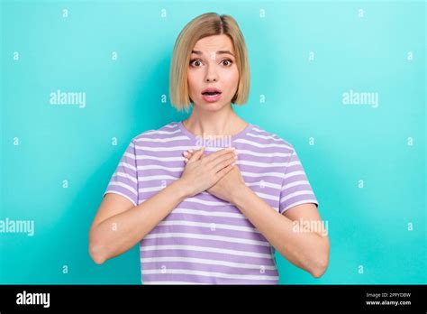 Photo Of Astonished Impressed Woman With Bob Hairdo Dressed Striped T