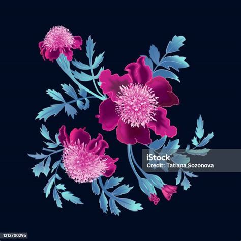 鮮豔的五顏六色花束特寫為您的卡設計在海軍藍色背景向量圖形及更多俄羅斯圖片 俄羅斯 圖案花紋 在開花 Istock