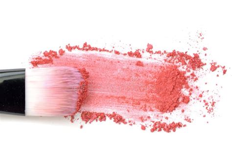 Close Up Of Crushed Blush On White Background And Cosmetic Brush Stock