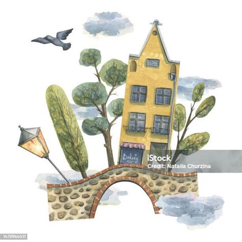 돌다리 나무 비둘기 등불이 있는 노란색 유럽 주택 수채화 그림입니다 유럽 주택 컬렉션의 구성 관광 디자인 및 브로셔 티켓 기념품 노랑에 대한 스톡 벡터 아트 및 기타 이미지