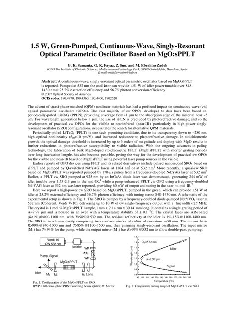 Pdf 1 5 W Green Pumped Continuous Wave Singly Resonant Optical Parametric Oscillator Based
