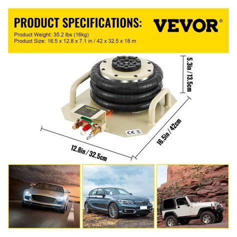 Cric Pneumatique VEVOR 3 Tonnes Poids Réglable 3 Boudins Cric