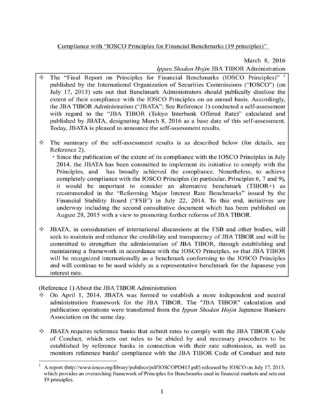1 Compliance With “iosco Principles For Financial Benchmarks 19