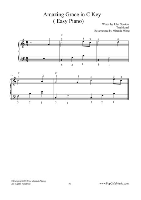 Amazing Grace In C Key Easy Piano Arr Miranda Wong By John Newton