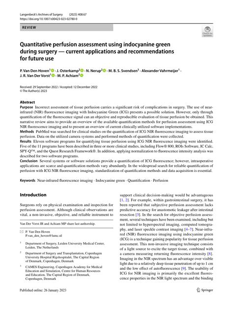 Pdf Quantitative Perfusion Assessment Using Indocyanine Green During Surgery — Current