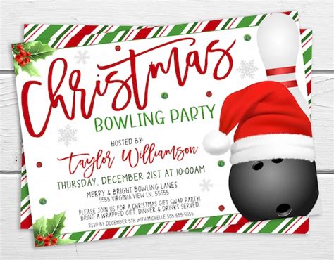 Editable Christmas Bowling Party Invitation Birthday Bowling Party