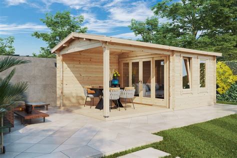 Abri de jardin avec auvent 20m2 au sol Nora E kit et bois de qualité