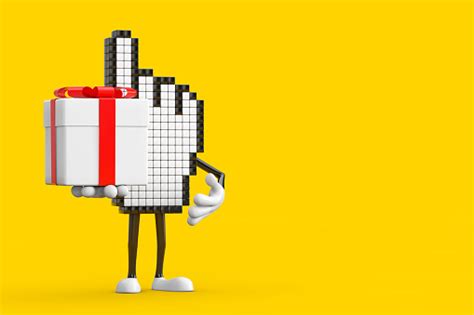 픽셀 핸드 커서 마스코트 사람 캐릭터와 빨간 리본과 선물 상자 3d 렌더링 에 대한 스톡 사진 및 기타 이미지 개념 기념일 Istock