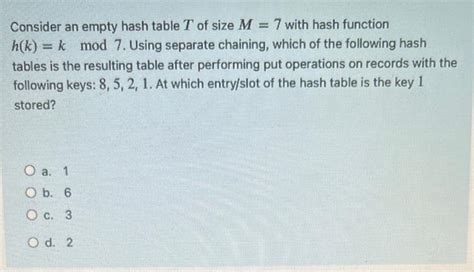 Solved Consider An Empty Hash Table T Of Size M 7 With Chegg