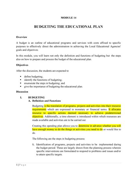 Module 14 Budgeting The Educational Plan Module 14 Budgeting The Educational Plan Overview A