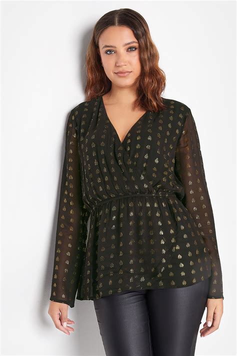 Lts Tall Black And Gold Glitter Polka Dot Wrap Top Long Tall Sally