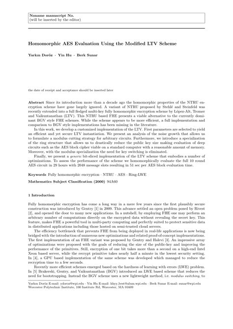 Pdf Homomorphic Aes Evaluation Using The Modified Ltv Scheme