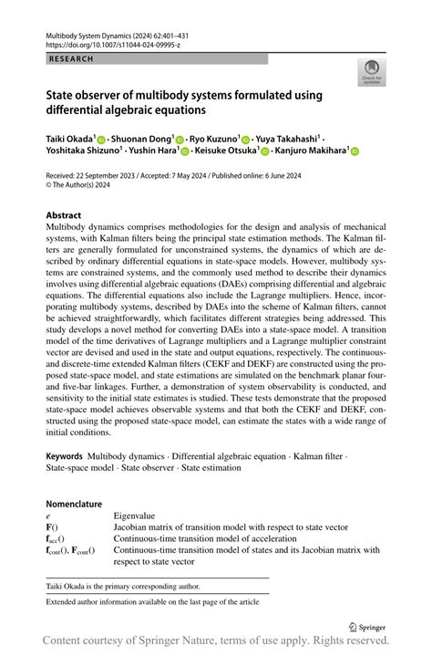 Pdf State Observer Of Multibody Systems Formulated Using Differential