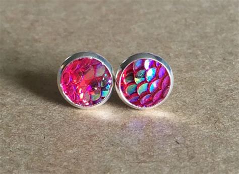 8mm Hot Pink Mermaid Scale Earrings Mermaid Earrings Dragon Mermaid