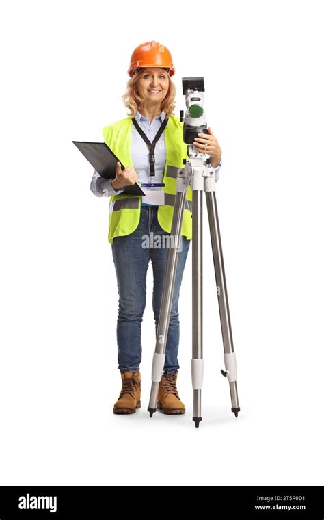 Full Length Portrait Of A Woman Geodetic Surveyor Posing With A Measuring Station Isolated On