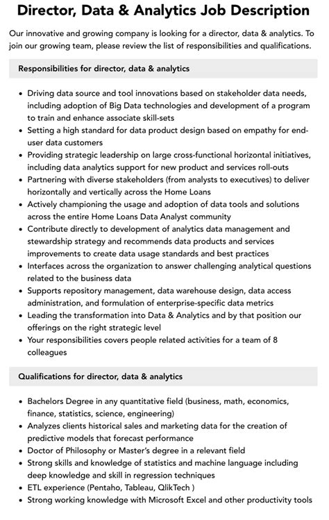 Director Data And Analytics Job Description Velvet Jobs