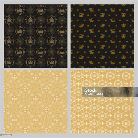 4 원활한 패턴 배경 화면 디자인 패턴의 집합입니다 빈티지 로얄 스타일 꽃 무늬 이미지 색상 블랙 골드 화이트 그래픽 디자인 템플릿 배경 벡터 세트 0명에 대한 스톡 벡터