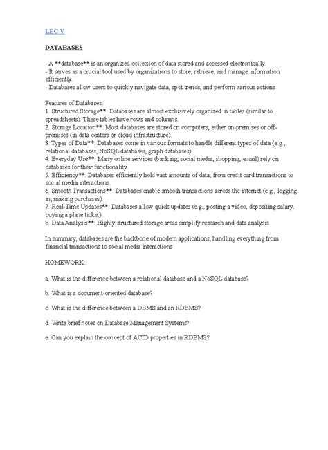 COSC LEC V VI Database LEC V DATABASES A Database Is An Organized Collection Of Data
